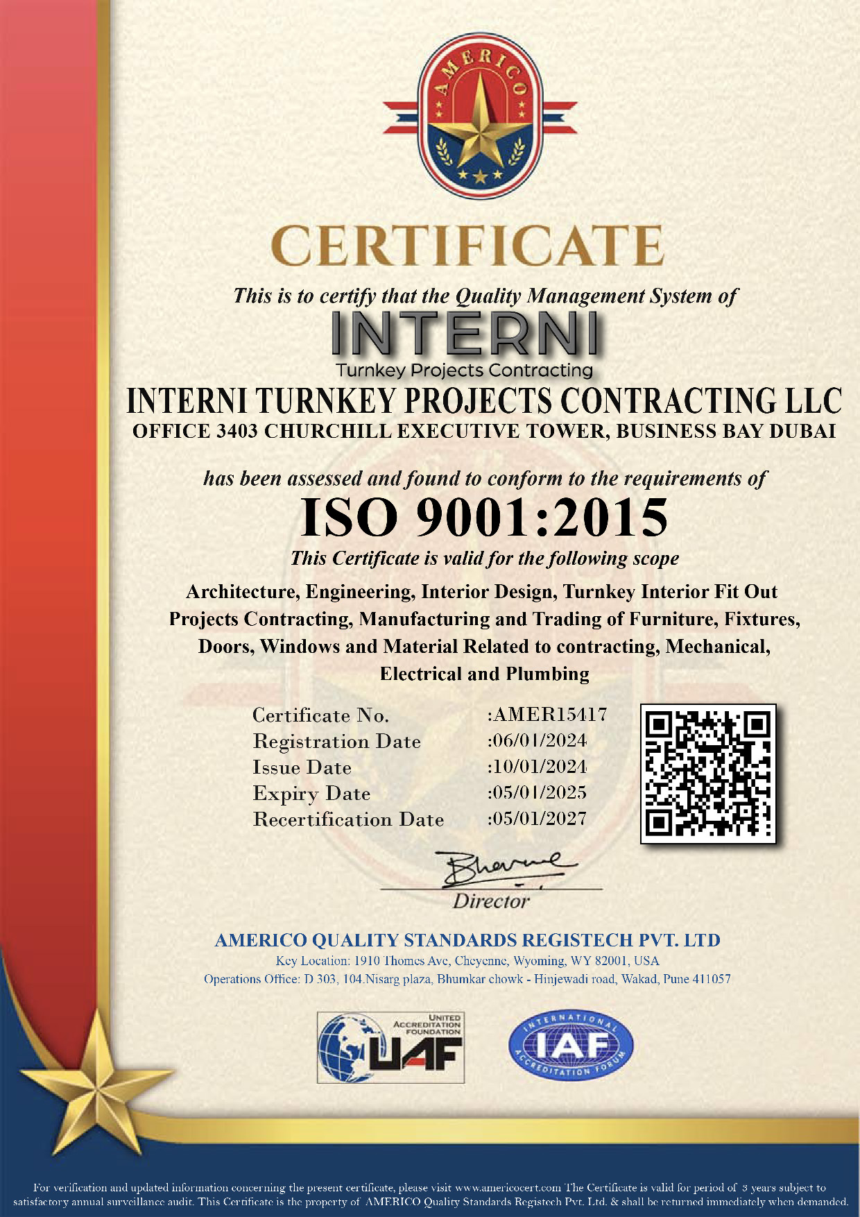 Quality Certifications | Interni Dubai